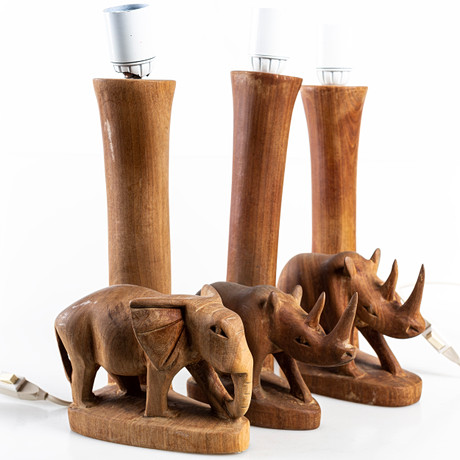 TABLE LAMPS, 3 pcs, carved wood shape of elephant & rhinoceros, late ...