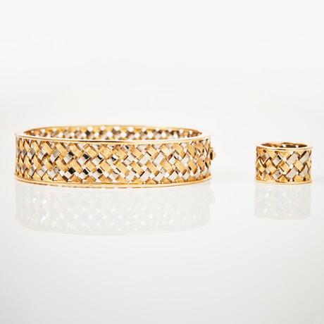 BRACELET, RING, 18 k red/white gold, braided pattern of polished and ...