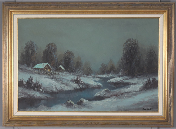WIKTOR KORECKI. Winter landscape with houses, oil on canvas, signed ...