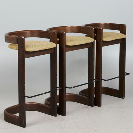 Three brutalist bar stools / bar chairs, oak, metal, wool, 1960s ...