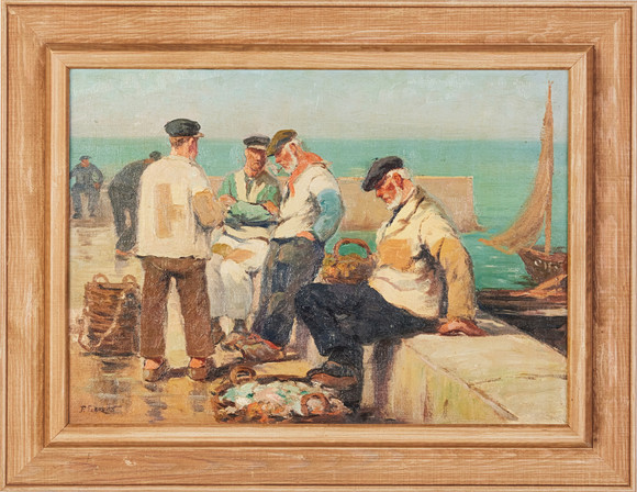 PIERRE ALBERT LEROUX. fisherman in port, signed PA Leroux, oil on ...