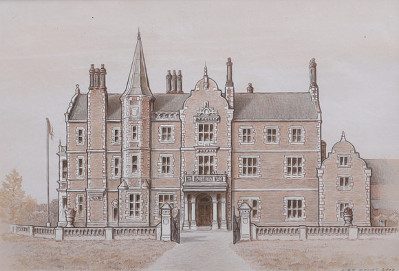 LEN RICHES (BRITISH, 20TH/21ST CENTURY). A VIEW OF TAVERHAM HALL ...