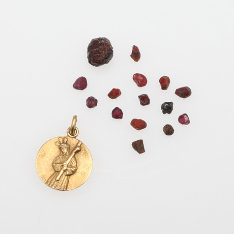 A SPANISH GOLD MEDALLION AND LOOSE RUBY STONES. Jewellery & Gemstones ...