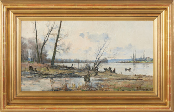 LOUIS-EUGÈNE LEROUX (1833-1905). Flodlandskap, oljemålning på pannå ...