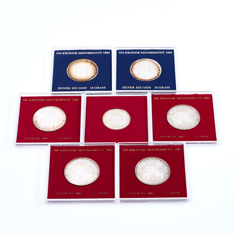 SILVER COINS, 7 pieces, Swedish commemorative coins of 100 kronor ...