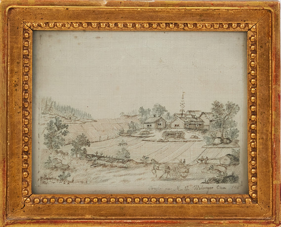 BRODERAD TAVLA, 1700-tal, silkestråd på botten av sidensatin, motiv av ...