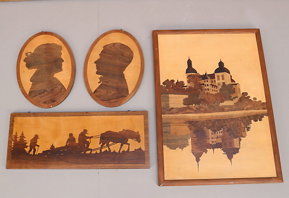 JOHN NORDQVIST. Intarsia work, 4 pcs, Läckö castle, silhouettes, draft ...