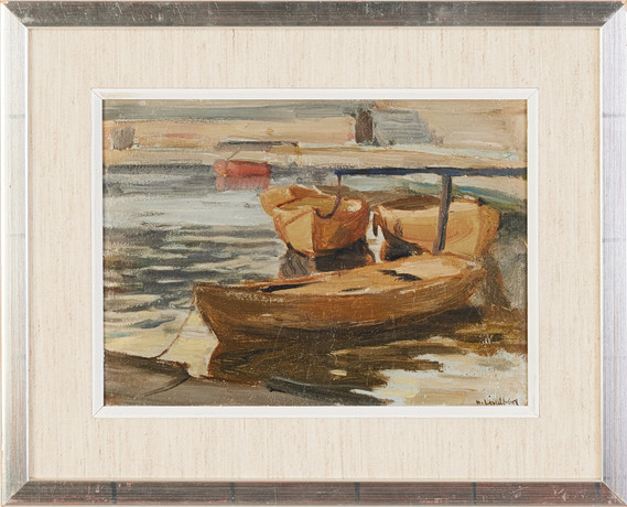 HARALD LINDBERG. Rowing boats in harbour, oil painting on Board, signed ...