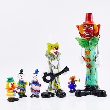 FIGURINES, 6 dlr, Murano, Italy, clowns, partially labeled. Glass - Art ...