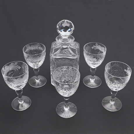 5 ROYAL BRIERLY CUT GLASS WINE GOBLETS WITH A SQUARE CUT GLASS SPIRIT ...