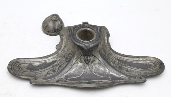 Art Nouveau inkwell in silvery metal and glass, early decades of the ...