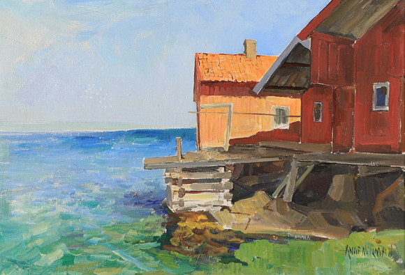 KNUT NORMAN. Fishing sheds, oil on Board, signed. Art - Paintings ...
