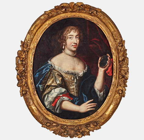 FRANSK SKOLA. omkring 1700, porträtt av dam med spegel i handen. Konst ...