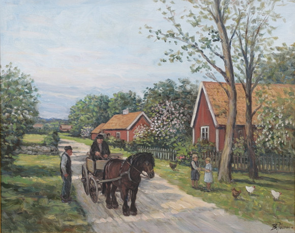 BROR JÖNSSON. Spring idyll with horse and carriage, oil on canvas ...
