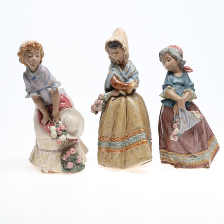 FIGURINES, 3 pieces, Lladro, "Fiesta" "Beth" "Girl carrying flowers ...