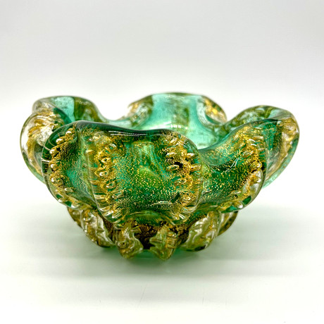 VINTAGE BOWL - MURANO GLASS - GREEN, GOLD - SHELL SHAPED. Glass - Art ...