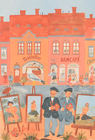 PER-OLOF OLSSON. "När skönheten kom till byn", färglitografi, signerad ...