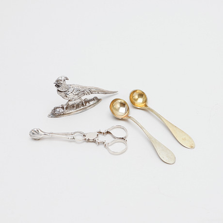 SUGAR TONGS, silver, England 18th century, possibly Elias Cachart. SALT ...