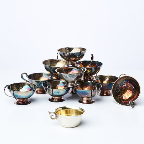 PUNCH MUGS, 12 pcs, 1 odd, partly gilt silver, one with engraving at ...