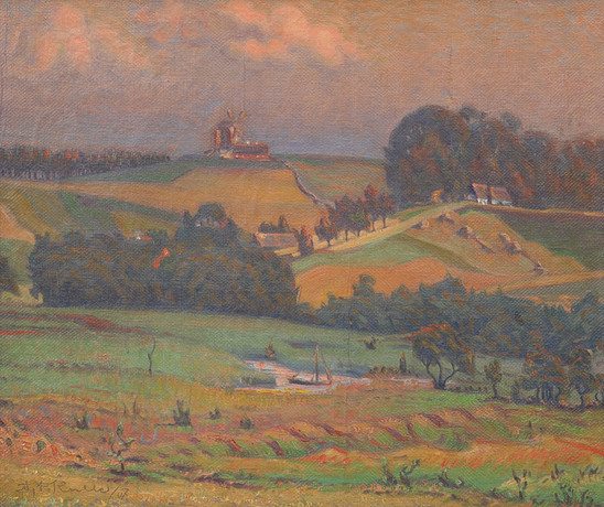 AXEL THEODOR KULLE. Scanian landscape with farms and mill. Signed and ...