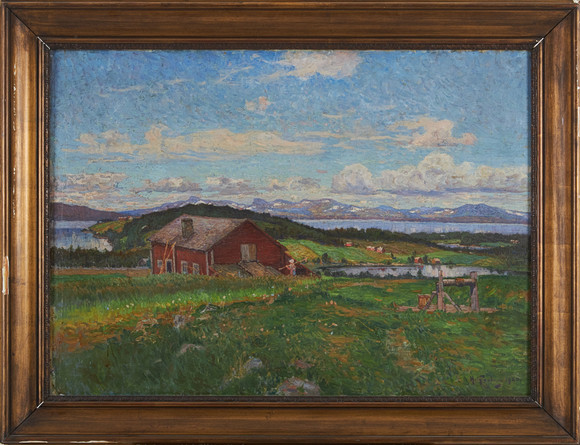 ANTON GENBERG. Landscape with river and mountains in the background ...