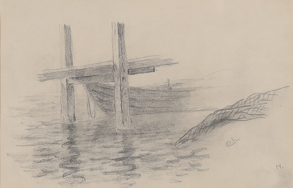 CARL LARSSON. Eka vid brygga, blyerts. Konst - Måleri - Auctionet