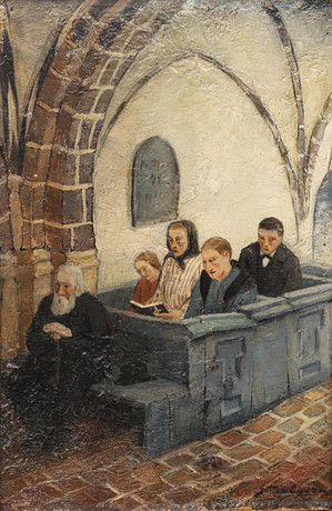 GOTTFRID OLSSON. I kyrkbänken, signerad. Konst - Måleri - Auctionet