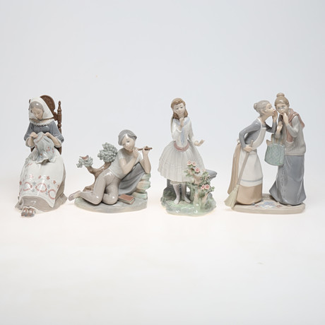 FIGURES, 4 pieces, Lladro, including a sewing woman, porcelain ...