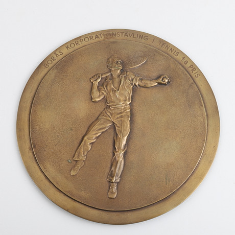 PLAKETT, mässing, 1:a pris i tennis, Borås Korporationstävling. Silver ...