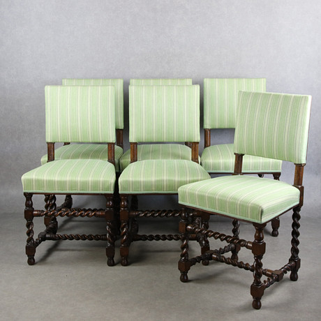 CHAIRS, 6 pcs. baroque style, oak, green wool upholstery, spirally ...