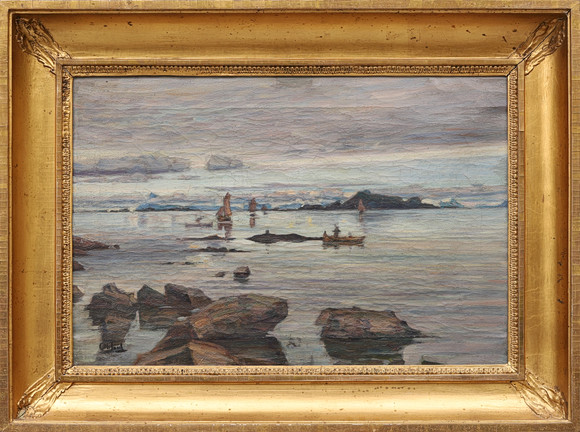 OLE JUUL. Skärgårdslandskap med båtar, signerad. Konst - Måleri - Auctionet