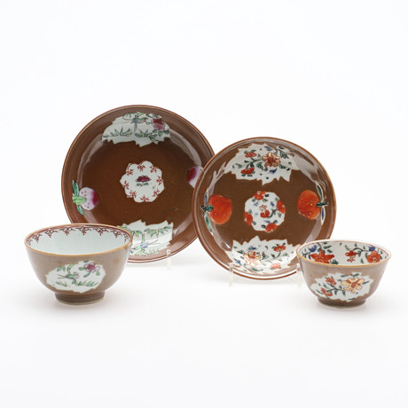 TEA CUPS WITH DISHES, 2 PCS. China, so-called Batavia ware, porcelain ...