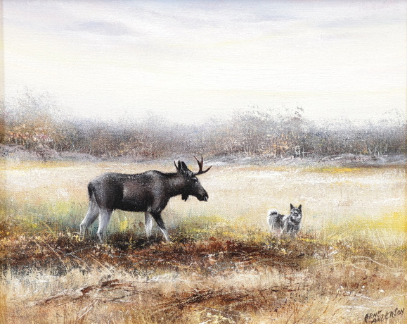 ARNE ANDERSON. Moose with hunting dog, oil on canvas, signed. Art ...