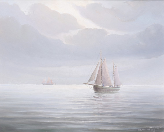 KARL GUSTAV HOLMBERG. Båtar på stilla hav. Olja på pannå, signerad och ...