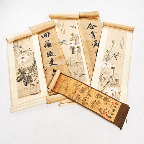 CHINESE SCROLL PAINTINGS, 6 pcs, 20th century, calligraphy and figural ...