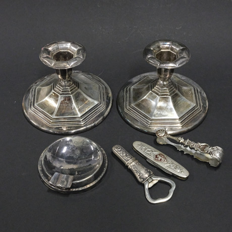 SIX PIECES OF SILVER OBJECTS INCL. CANDLESTICKS. Silver & Metals ...