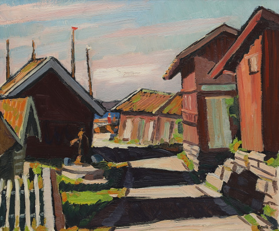 ÅKE BROVIK. olja på pannå, fiskebodar Stora Kornö, signerad Brovik ...