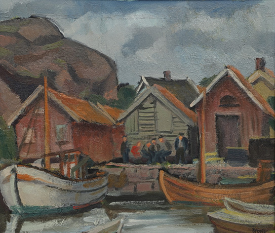 ÅKE BROVIK. olja på duk, figurscen vid fiskeläge, signerad Brovik ...