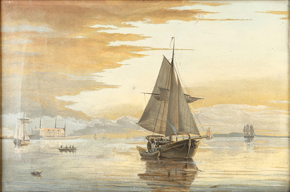 OIDENTIFIERAD KONSTNÄR. Marint motiv med segelfartyg, med text a tergo ...