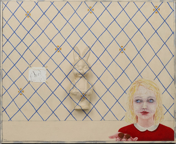 ANNA-CARIN ENGLUND. Komposition med kanin och kvinna, blandteknik på ...