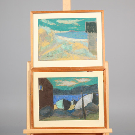 SVÄN GRANDIN. DRAWINGS, 2 pieces, "Skrea" and "Boats, the promontory ...