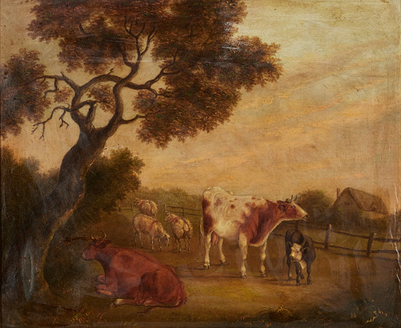 Unknown artist (19th century). Grazing cows, signed, oil on canvas. Art ...