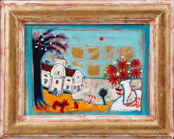 IAN RUSTH. Composition with houses and figures, oil on Board, signed ...