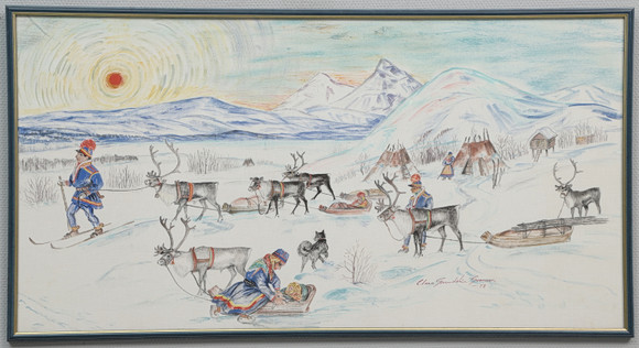 OIDENTIFIERAD KONSTNÄR. Mixed technique on textile, Sami figure scene ...