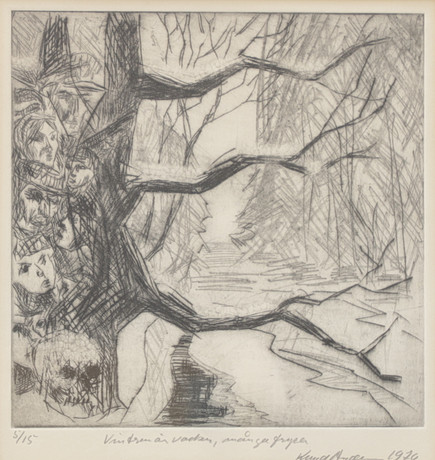 KNUD ANDERSEN. "Winter is beautiful, many freeze, woodcut, signed dated ...