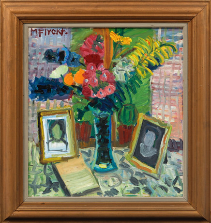MANFRED FLYCKT. Still life with flowers and portraits. Oil on canvas ...