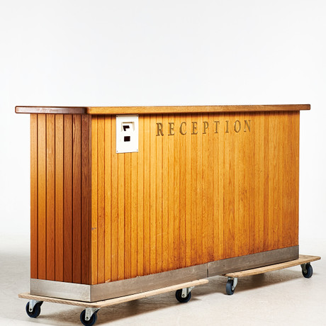 RECEPTION DESK. Frame in oak, brass lettering, back with writing flap ...