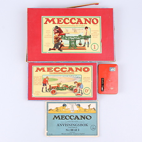 MECCANO, 2 bygglådor, 0A, 1 samt instruktionsböcker. Leksaker - Auctionet