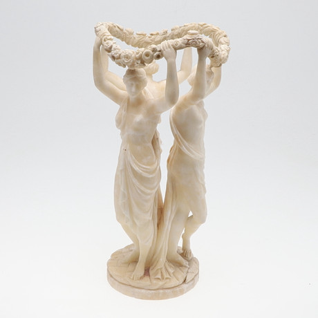 A LATE VICTORIAN ALABASTER SCULPTURE OF THREE MAIDENS HOLDING ALOFT A ...