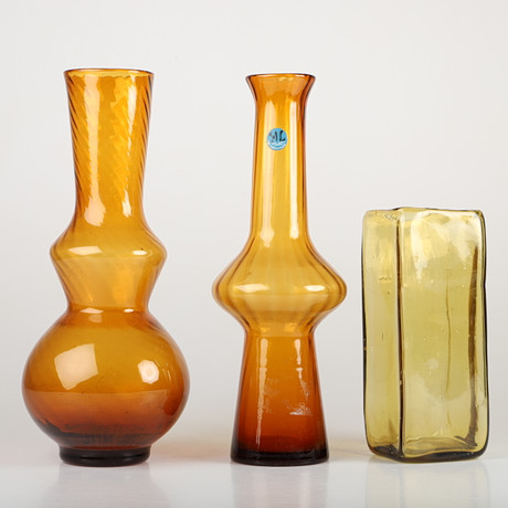 VASES, 3 pieces, brown tinted glass, incl. a Huta Laura, Tarnow, Poland ...